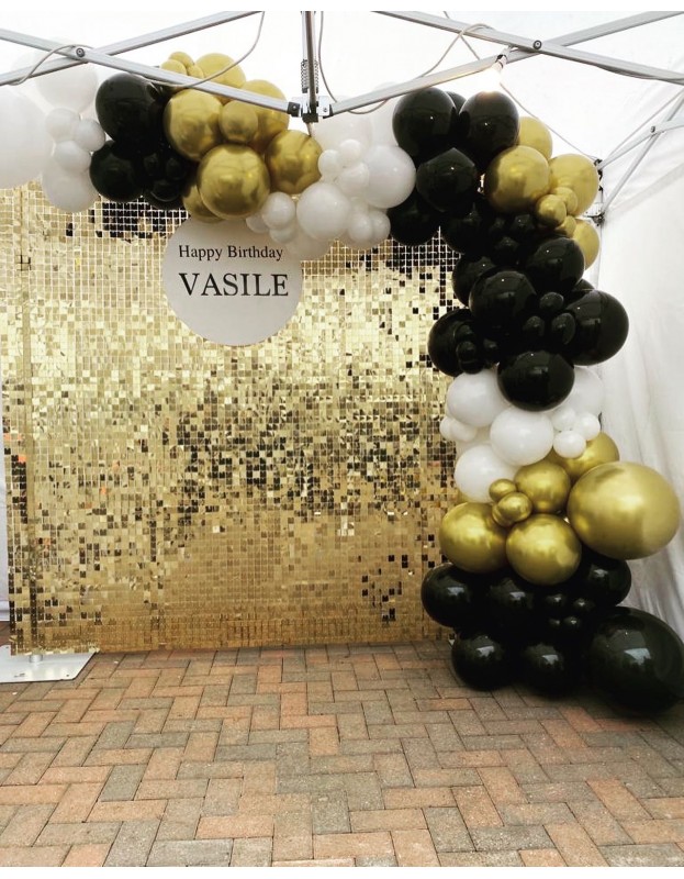 Gold Sequin Backdrop with balloon Arch